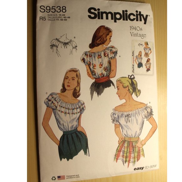Simplicity | Other | Uncut Simplicity S9538 Sewing Pattern 94s Peasant Blouse Reprint 1422 ...